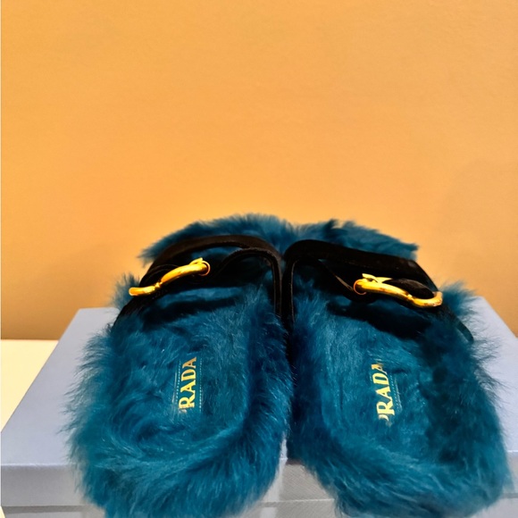 Prada | Shoes | Prada Furry Black And Teal Buckle Slides | Poshmark